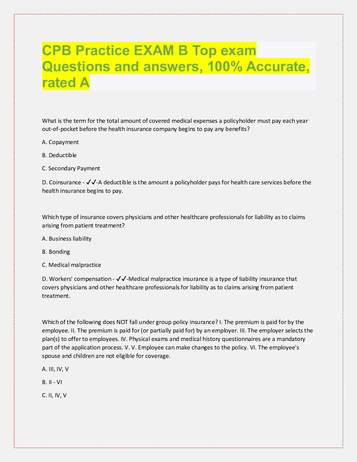 CPB Practice EXAM B Top exam Questions and answers, 100% Accurate, rated A - Scholarfriends